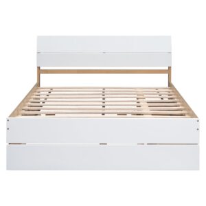 YOPTO Full Size Modern Bed Frame with Twin Size Trundle and 2 Drawers,Wooden Platform Bed W/High Gloss Craft Headboard and Footboard,Easy Assembly,for Bedroom,Apartment,White & Light Oak