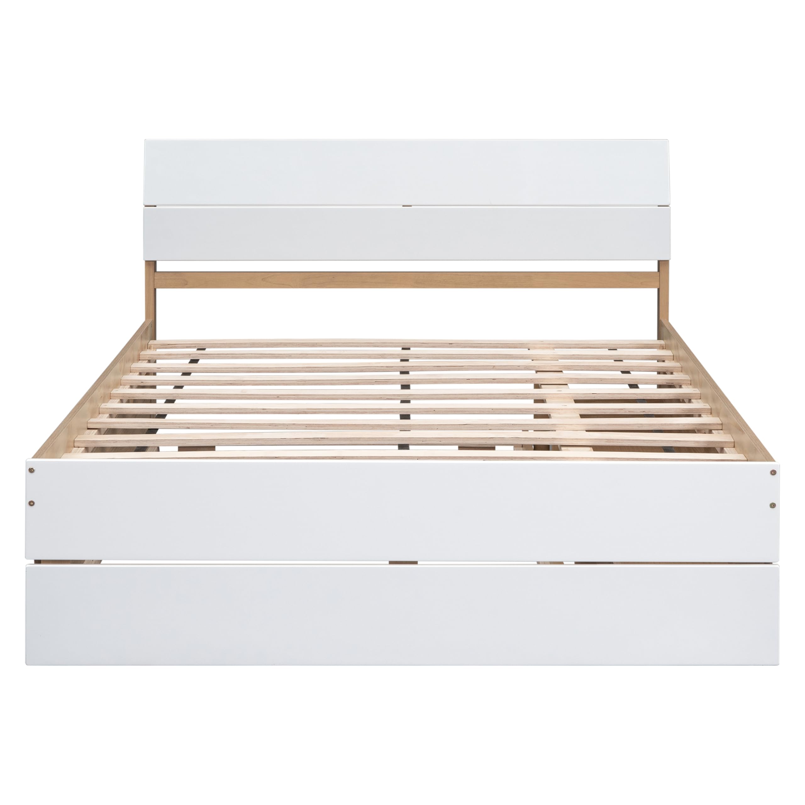 YOPTO Full Size Modern Bed Frame with Twin Size Trundle and 2 Drawers,Wooden Platform Bed W/High Gloss Craft Headboard and Footboard,Easy Assembly,for Bedroom,Apartment,White & Light Oak