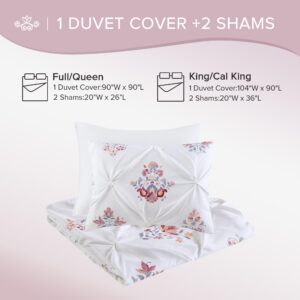 Comfort Spaces White Queen Duvet Cover Set - 3 Pieces Pintuck Tufted Vintage Floral Duvet Sets Queen, All Seasons Skin-Friendly, Lightweight & Soft Microfiber Queen Duvet Cover, Shams, Full/Queen