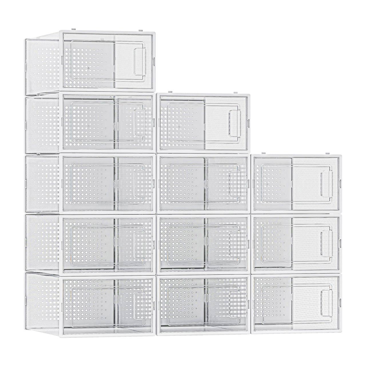 12 Pack Shoe Organizer Storage Bins, Clear Plastic Stackable Shoe Boxes for Closet, Space Saving Foldable Shoe Storage Bins, Sneaker Storage Shoe Box Container, White Frame