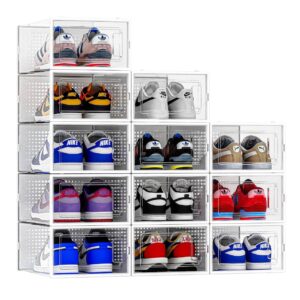 12 pack shoe organizer storage bins, clear plastic stackable shoe boxes for closet, space saving foldable shoe storage bins, sneaker storage shoe box container, white frame