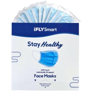 ifly smart premium disposable blue face mask individually wrapped - soft on skin - 100 pack of 3-ply masks facial cover