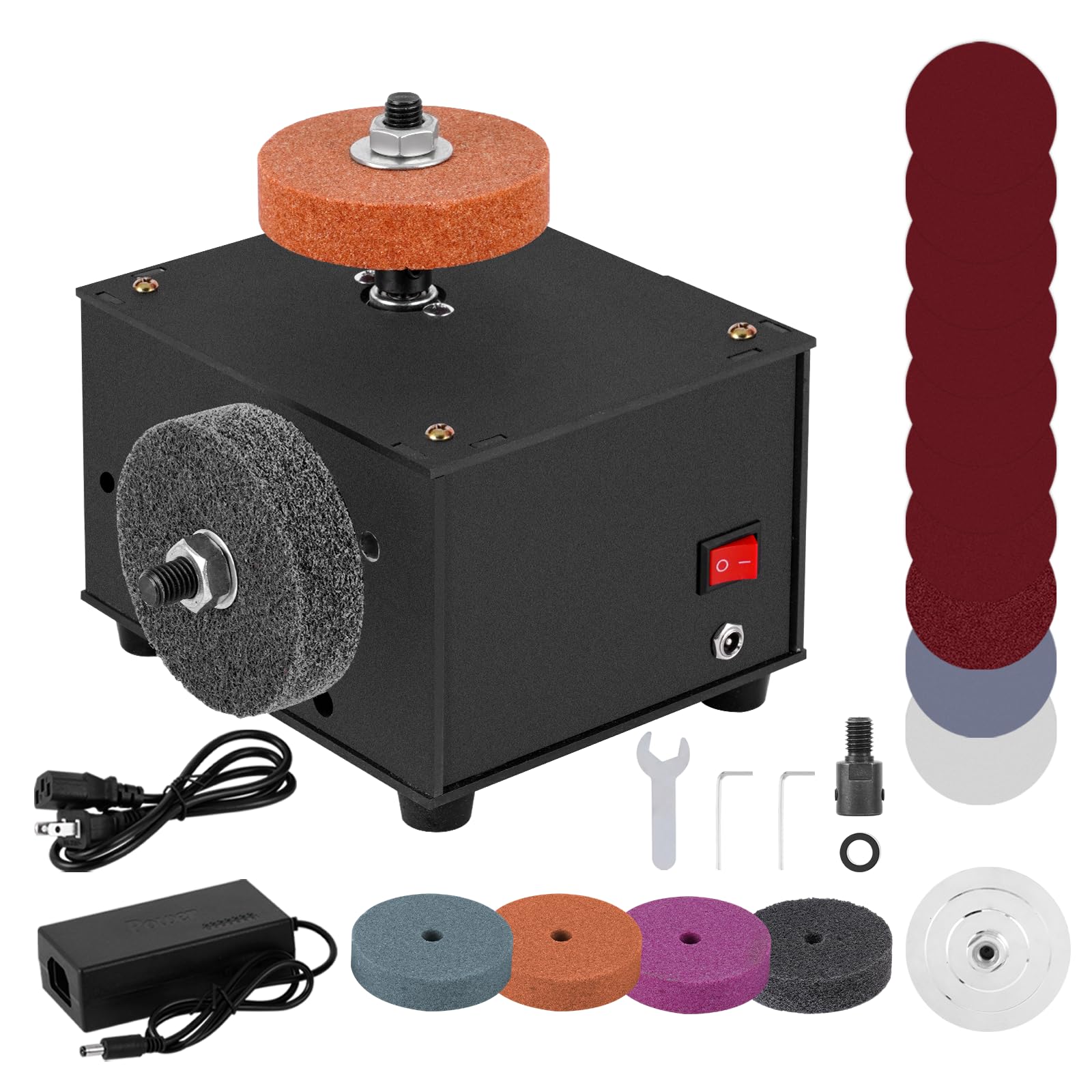 3-in-1 Mini Bench Grinder Polisher Machine, 4 inch Disc Sander, Seven Speed Adjustable, 4 inch Sanding Disc Machine with Dual Motor Control, Includes Six 3-Inch Sanding Wheels and 10 Sandpapers