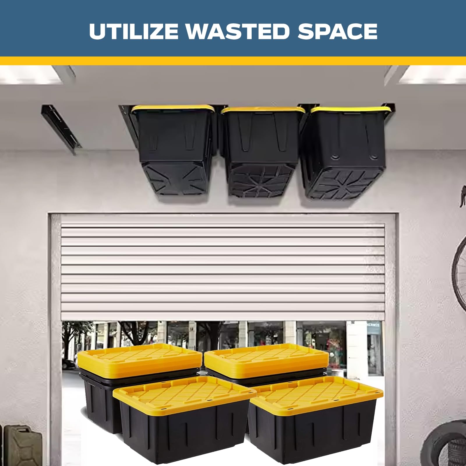 GUDESEN Overhead Bin Rack for Nine Bins | Overhead Garage Storage Rack to Mount on Ceiling with Adjustable Width | Supports Most Black and Yellow Storage Bins (4 Pack)