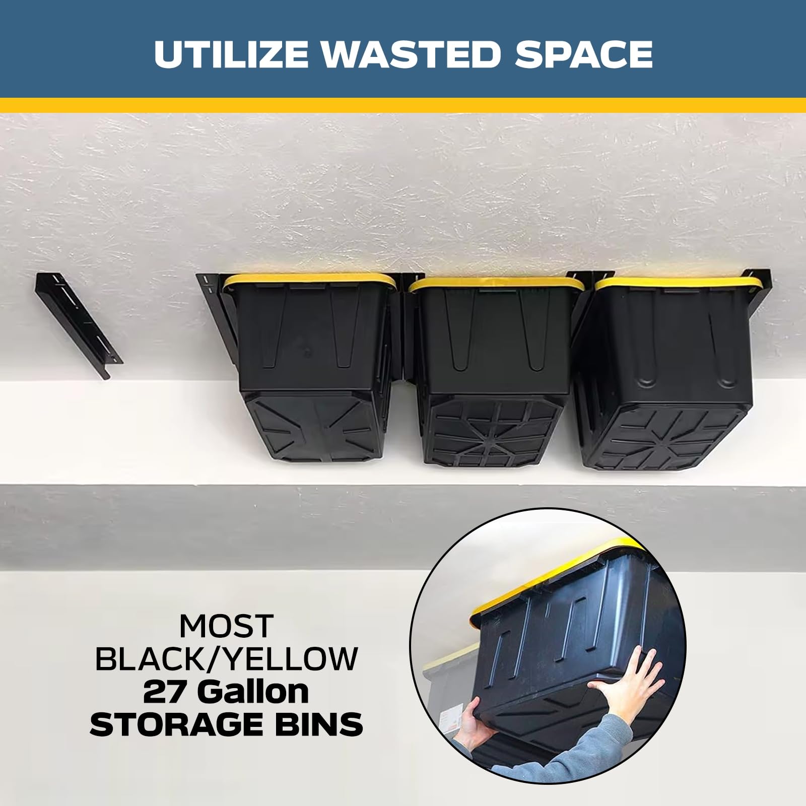 GUDESEN Overhead Bin Rack for Nine Bins | Overhead Garage Storage Rack to Mount on Ceiling with Adjustable Width | Supports Most Black and Yellow Storage Bins (4 Pack)