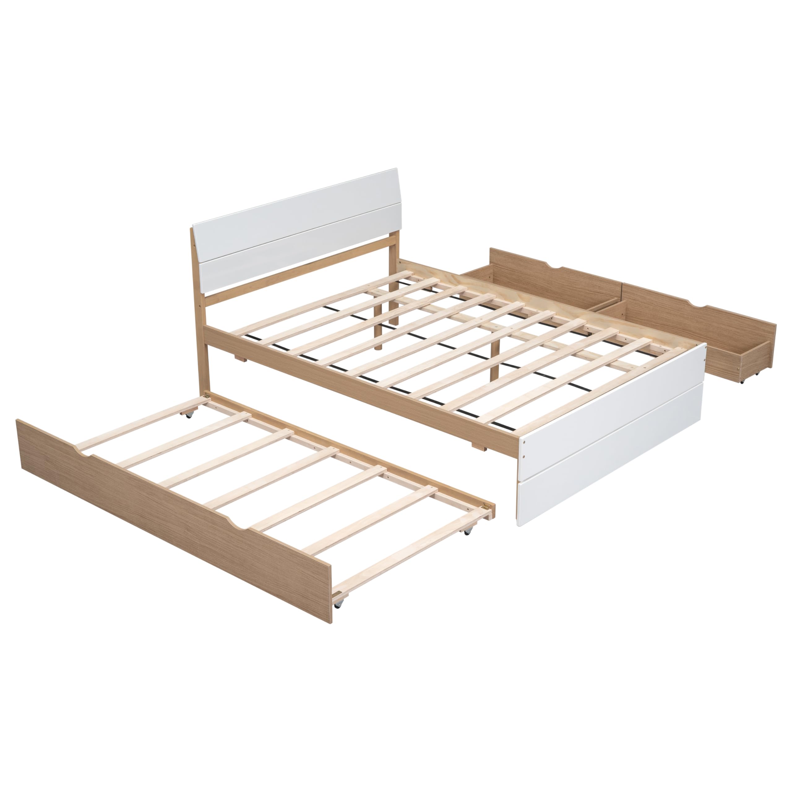 YOPTO Full Size Modern Bed Frame with Twin Size Trundle and 2 Drawers,Wooden Platform Bed W/High Gloss Craft Headboard and Footboard,Easy Assembly,for Bedroom,Apartment,White & Light Oak