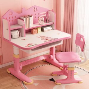 kids study desk and chair set, height adjustable kids school desk, cartoon learning desks, kids desk with storage, children study table with storage, castle backboard, bookshelf (pink)