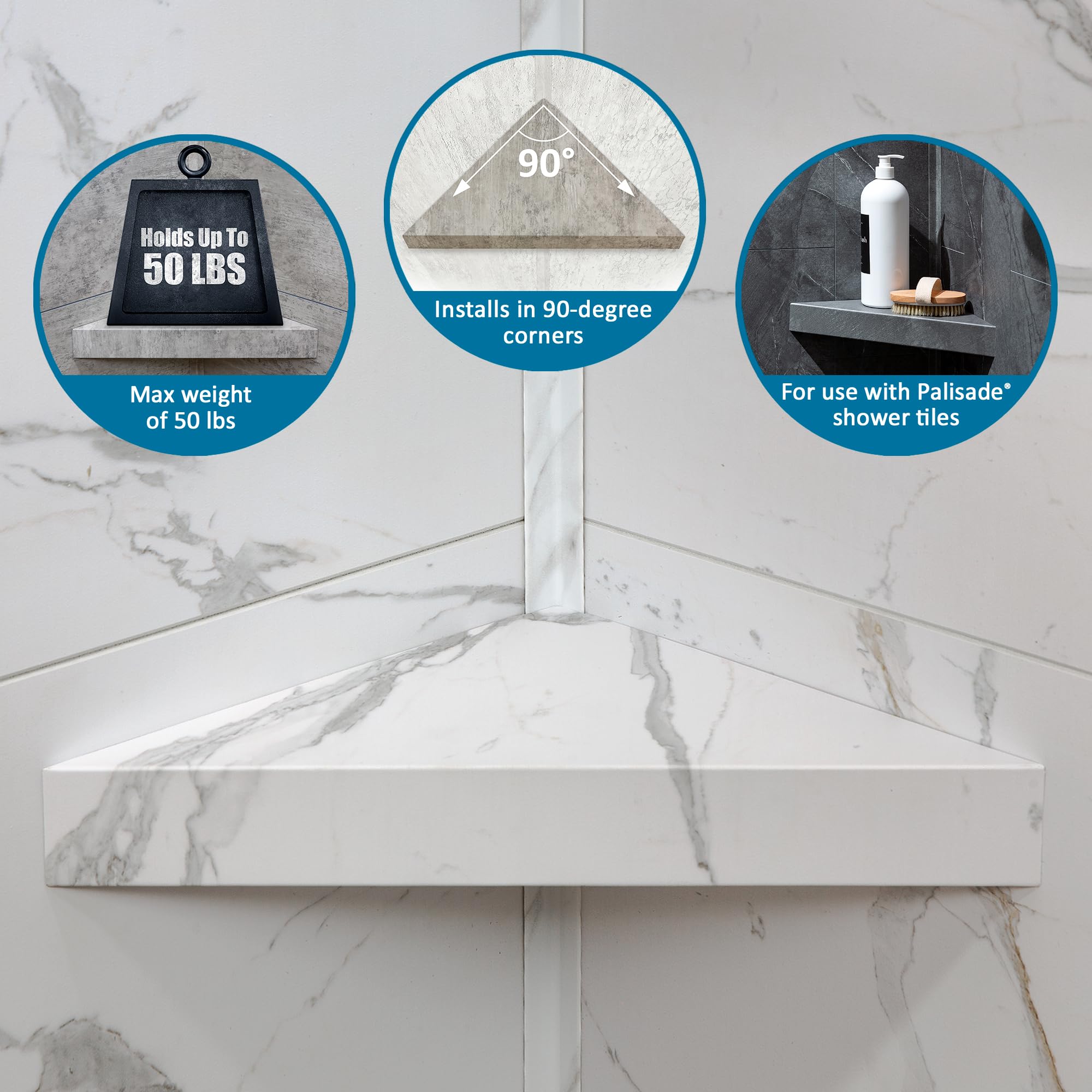 Palisade Vinyl Waterproof Corner Shower Shelf in Polar Frost