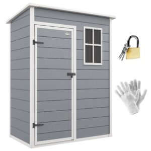 outsunny 5' x 3' resin outdoor storage shed with floor, garden shed with lockable door, window and vent, plastic utility tool shed for backyard, patio, lawn, gray