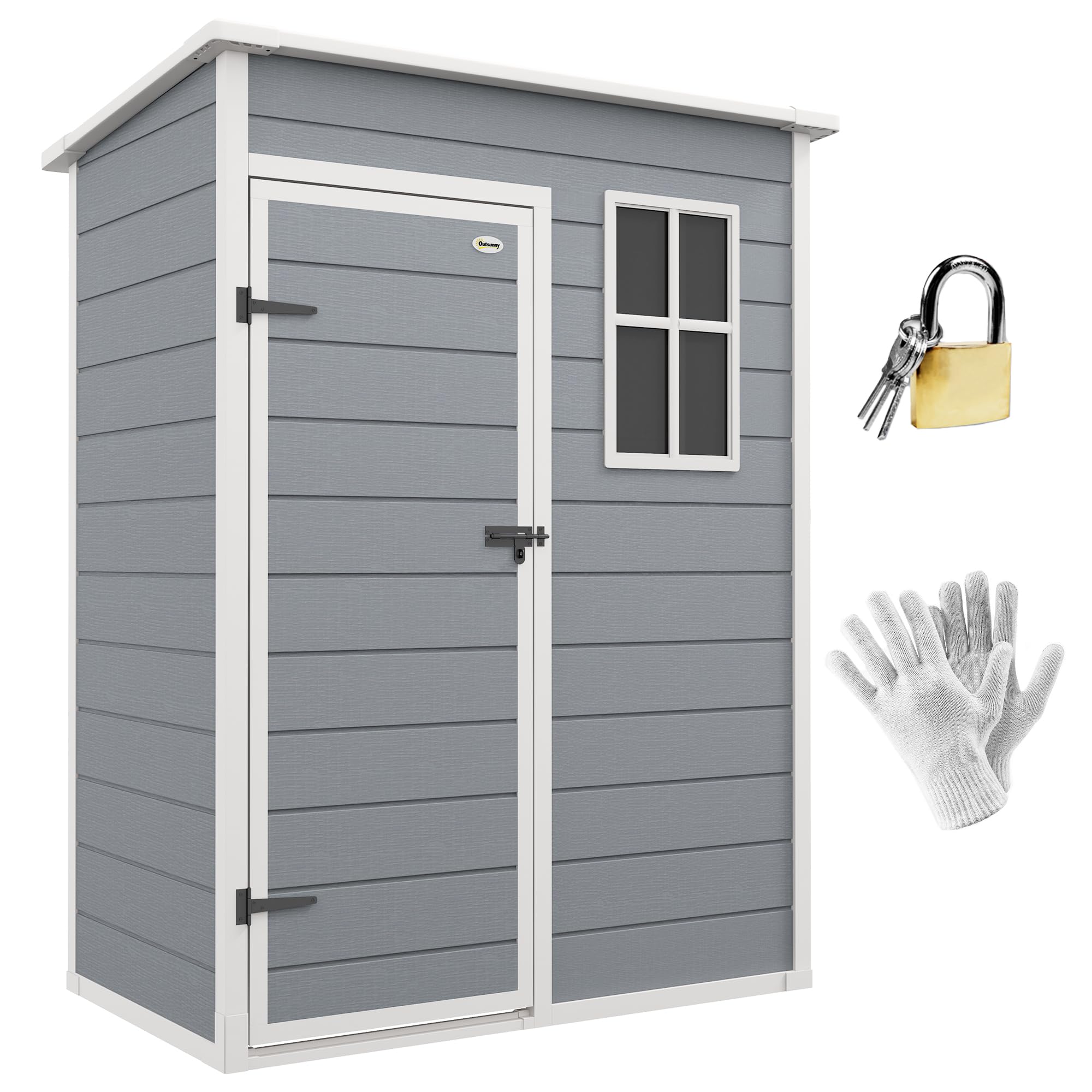 Outsunny 5' x 3' Resin Outdoor Storage Shed with Floor, Garden Shed with Lockable Door, Window and Vent, Plastic Utility Tool Shed for Backyard, Patio, Lawn, Gray