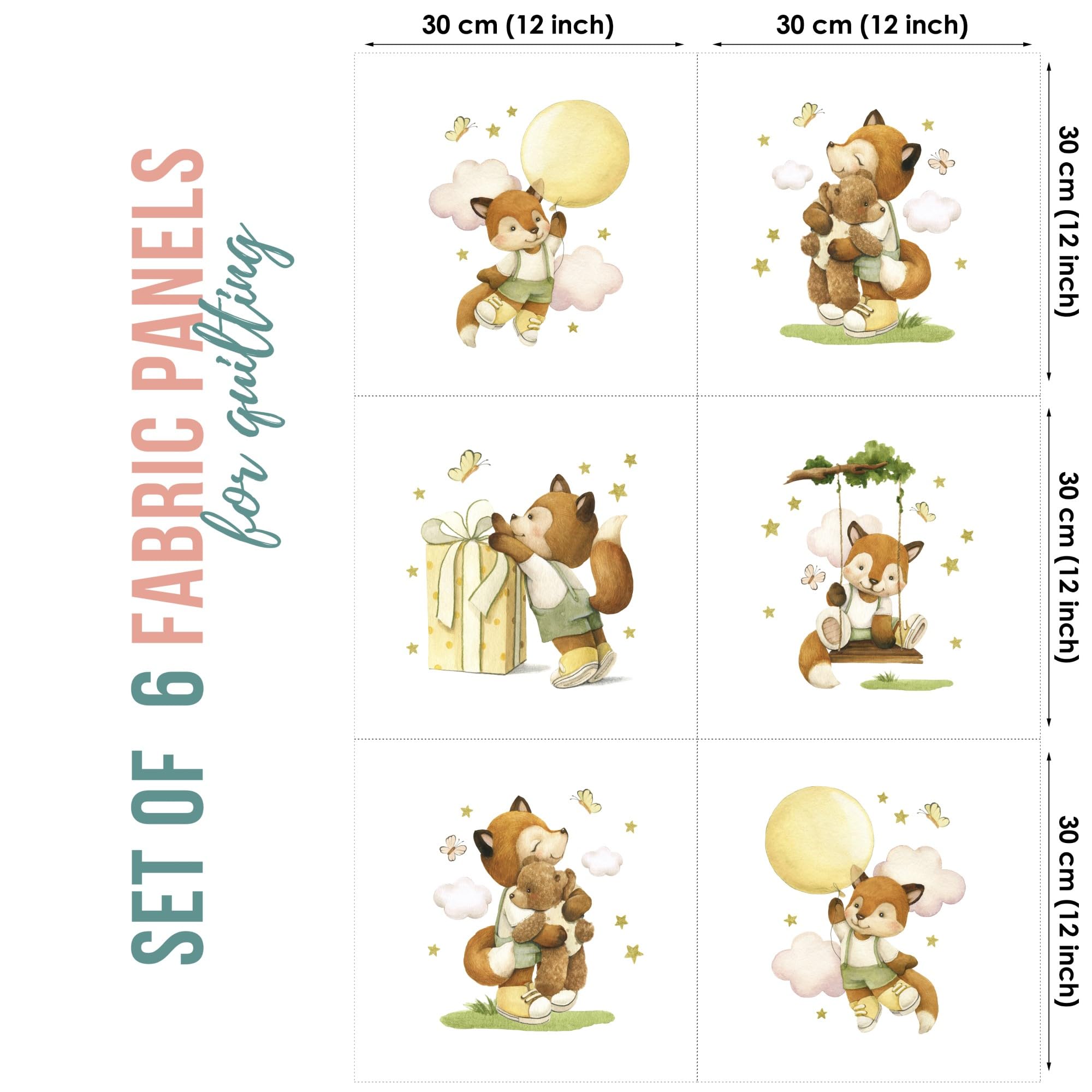 UNIQUE Cute Baby Fox Fabric Panel Set (6 Panels, 12x12in Each), Quilting Panels, Baby Quilt Panel, Cotton Baby Panel, Blanket Panels, Cotton Sateen Fabric Panel for Quilting