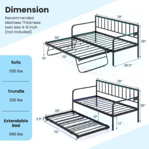 Giantex Twin Daybed with Trundle, Metal Day Bed with Charging Station & LED Lights, Sofa Bed Frame with Pop up Trundle, Metal Slats Support, Trundle Bed Twin for Living Room, Guest Room, Black