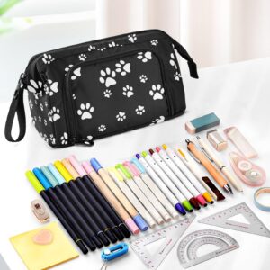 Yasala Pencil Case White Dog Cat Paw Print Black Pen Pouch Holder Art Kits Storage Bag Cosmetic Organizer Carrying Case for Office Supplies Travel Bag for Makeup Large Stationary Bag with Handle