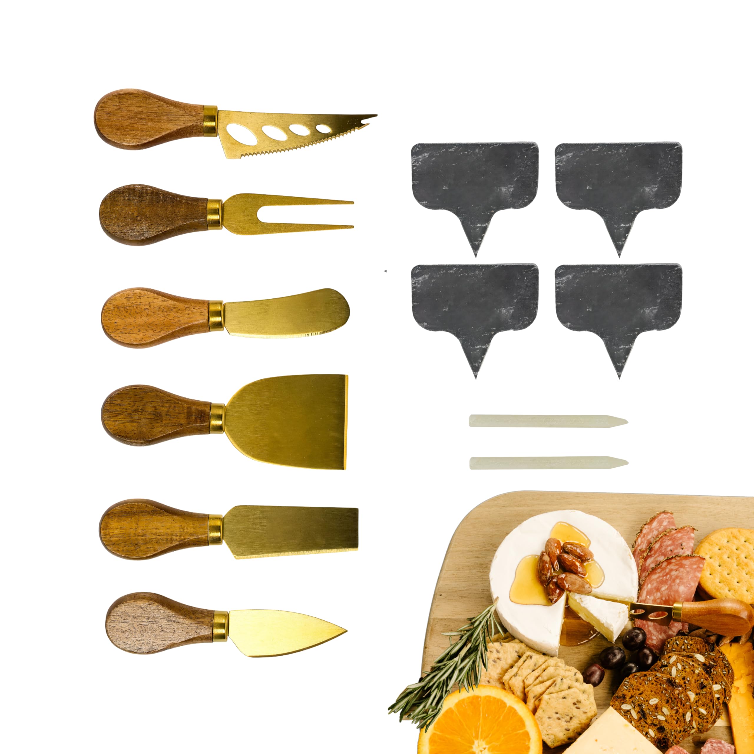 12-pc Gold Cheese Knife Set for Charcuterie Board - Cheese Knives + Slate Label + Soapstone - Stainless Steel Charcuterie Accessories, Utensils, Bamboo Handle - Charcuterie Boards Accessories