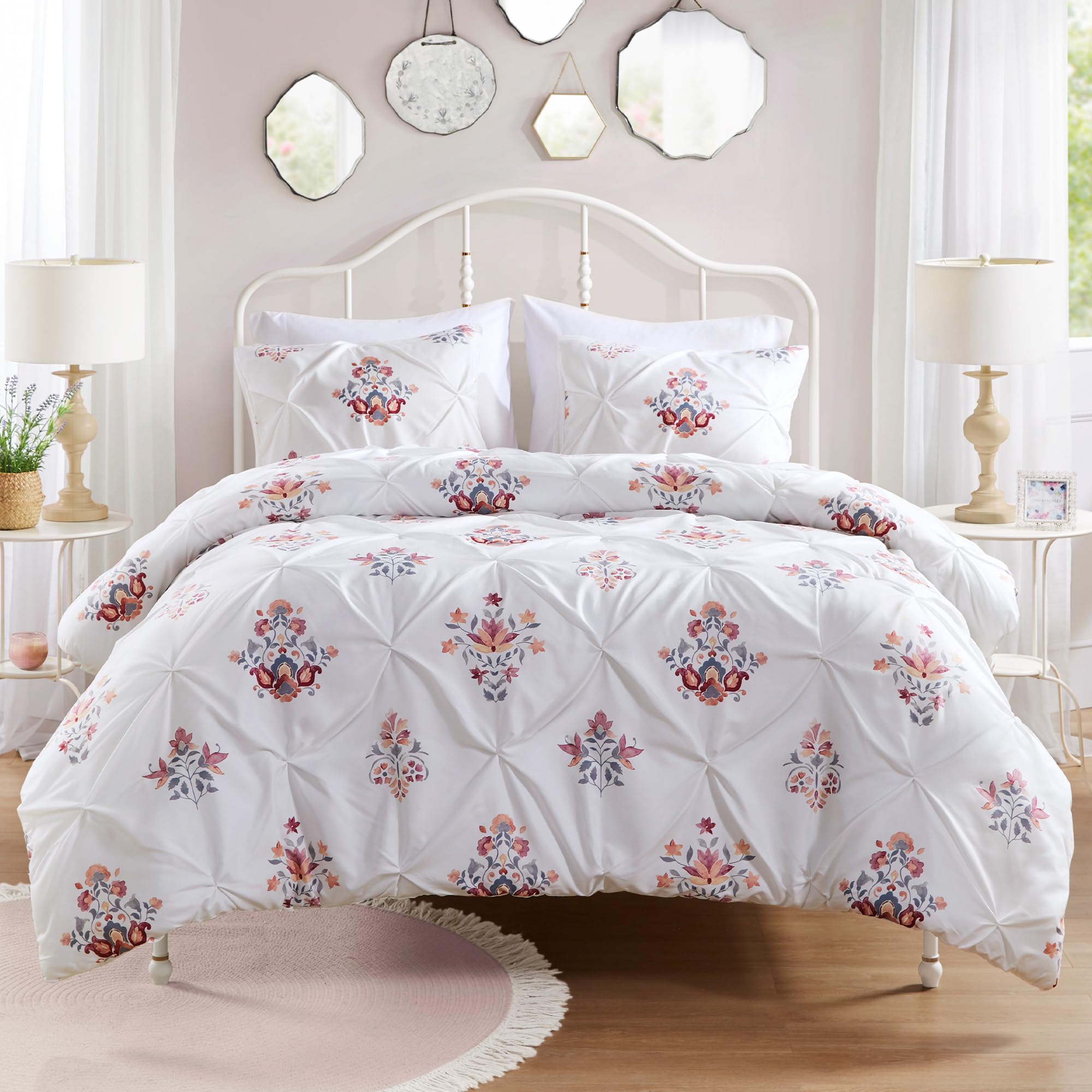 Comfort Spaces White Queen Duvet Cover Set - 3 Pieces Pintuck Tufted Vintage Floral Duvet Sets Queen, All Seasons Skin-Friendly, Lightweight & Soft Microfiber Queen Duvet Cover, Shams, Full/Queen