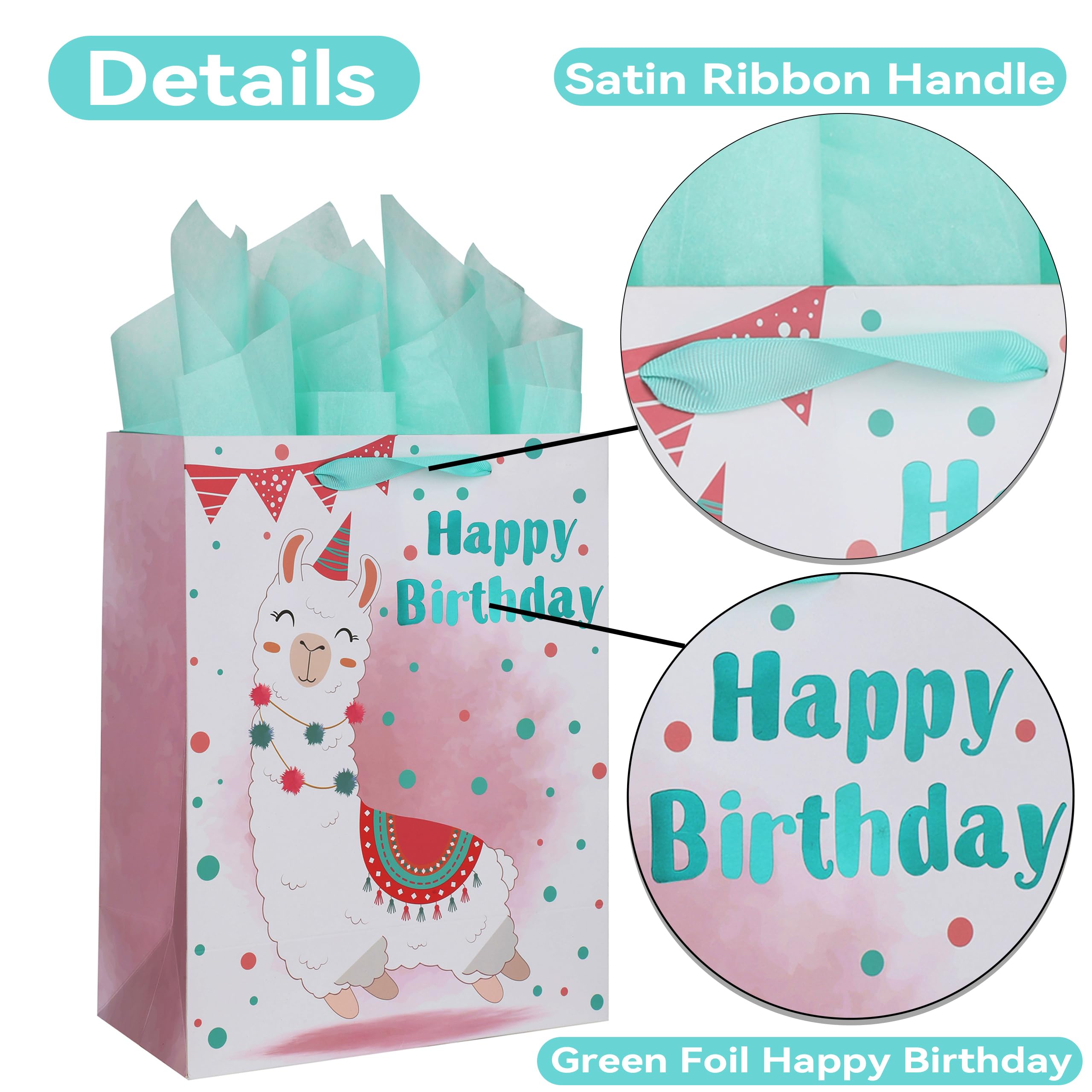 13" Large Green Gift Bag Set with Greeting Card and Tissue Paper(Llama and Happy Birthday) for for Girls’, Boys' or Kids' Birthday Party, Women's or Men's Birthday Parties, Baby Shower - 10.2”x5.2”x13”, 1 Pcs.