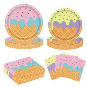 96pcs ice cream plates and napkins party supplies ice cream disposable paper plates napkins tableware set for birthday baby shower sweet summer ice cream theme party, serves 48 guests