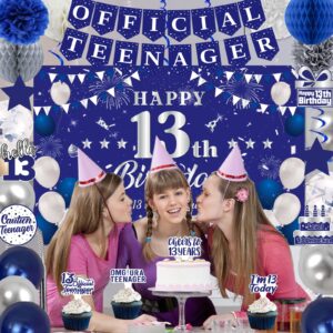 13th Birthday Decorations for Boys Girls, Blue Silver Official Teenager Party Decorations, Happy 13th Birthday Backdrop, Banner, Balloons, Pompoms, Hanging Swirls, Birthday Card, Cake Topper Set 54pcs