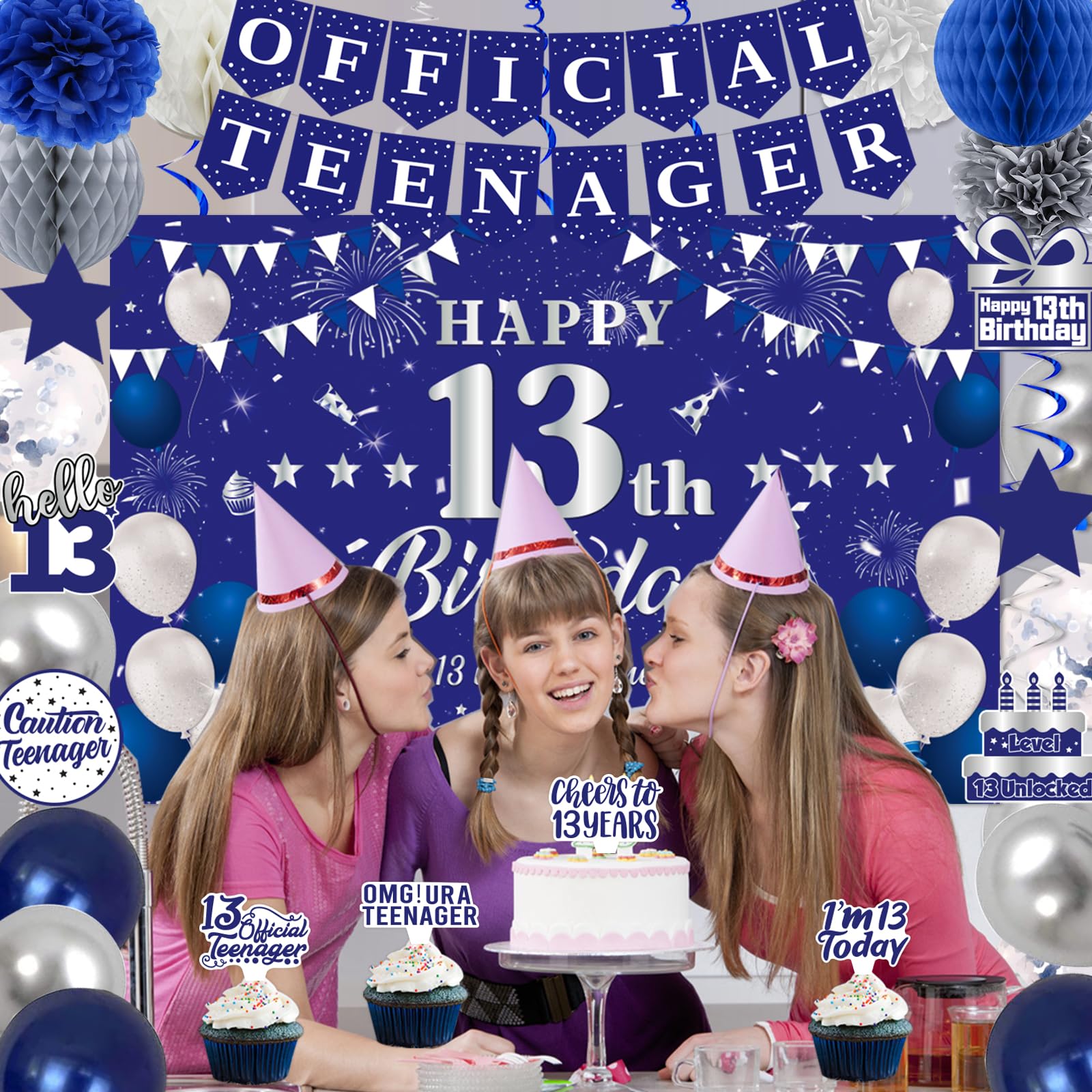 13th Birthday Decorations for Boys Girls, Blue Silver Official Teenager Party Decorations, Happy 13th Birthday Backdrop, Banner, Balloons, Pompoms, Hanging Swirls, Birthday Card, Cake Topper Set 54pcs