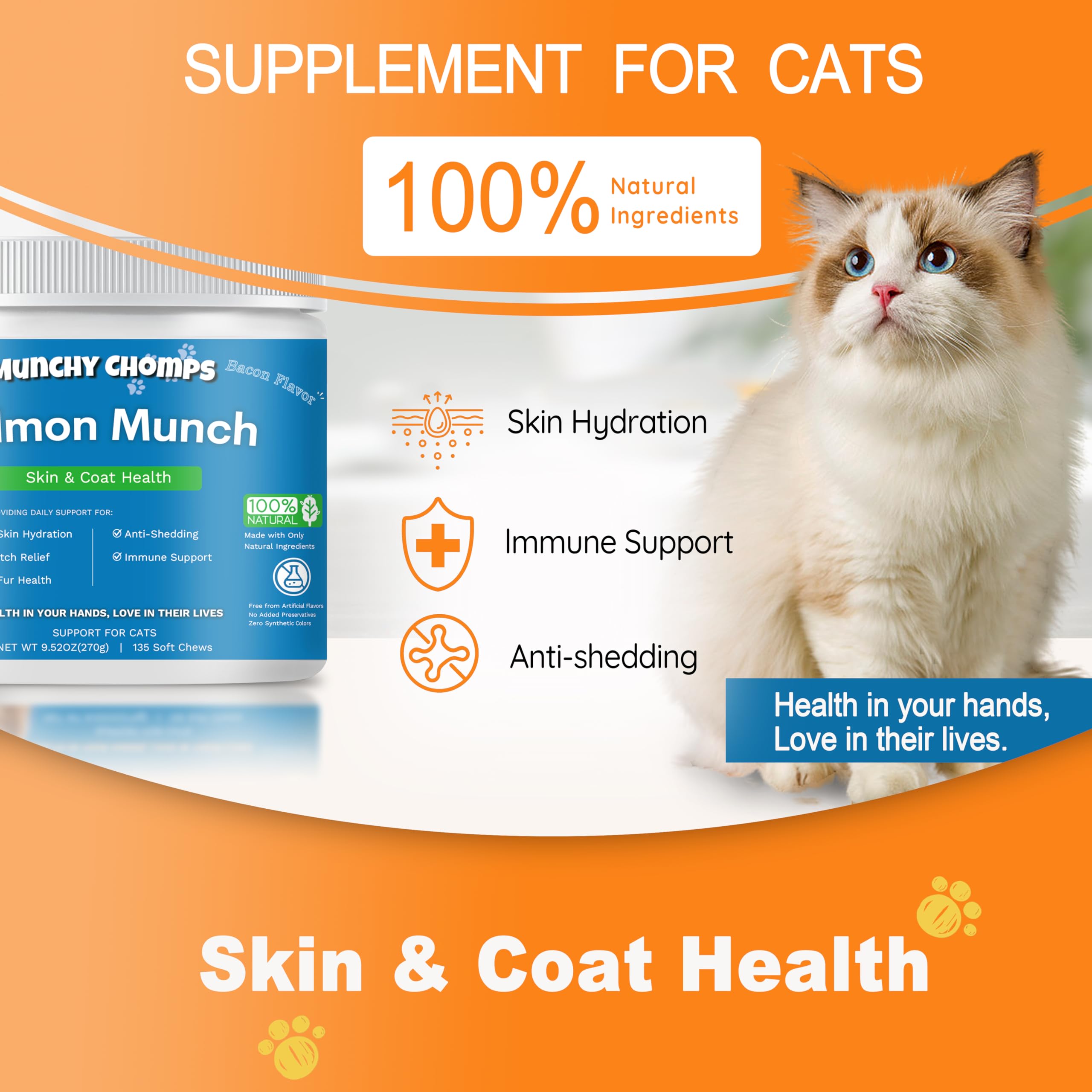 Munchy Chomps Salmon Munch for Cats - Skin & Coat Health Support with Omega Fatty Acids - Promotes Hydration, Itch Relief & Immune Support (Salmon)