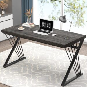 foluban modern home office desk, rustic wood and metal computer desk, writing study gaming table pc desks for living room bedroom, industrial dark gray, 53 inch