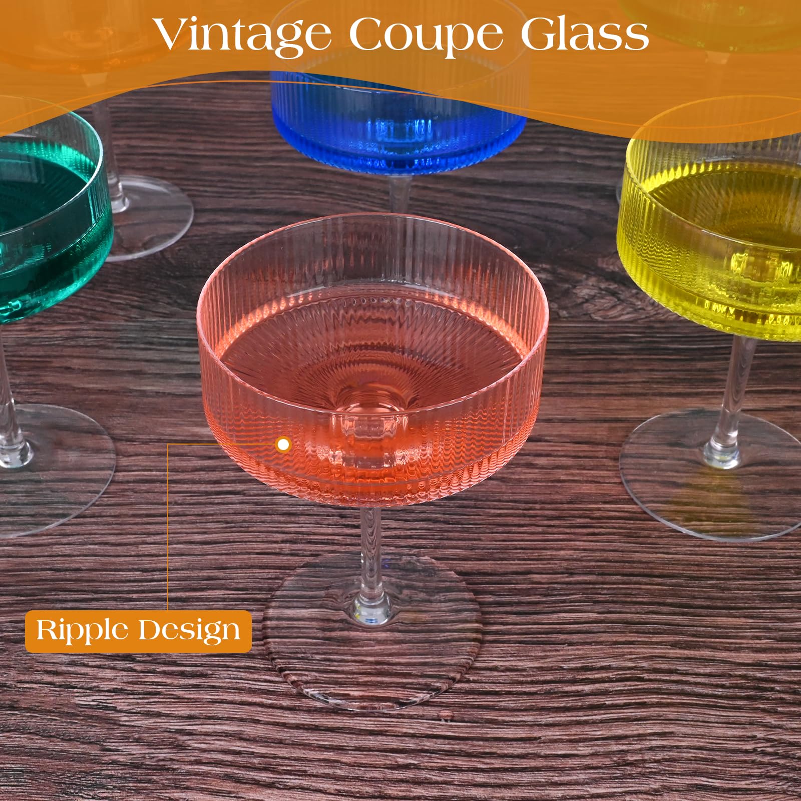 LUXULISH Ribbed Coupe Glasses Set of 6, Crystal Handmade Vintage Martini & Cocktail Glasses, Perfect for Dessert, Cocktail, Wine, Champagne & Gift - 10Oz