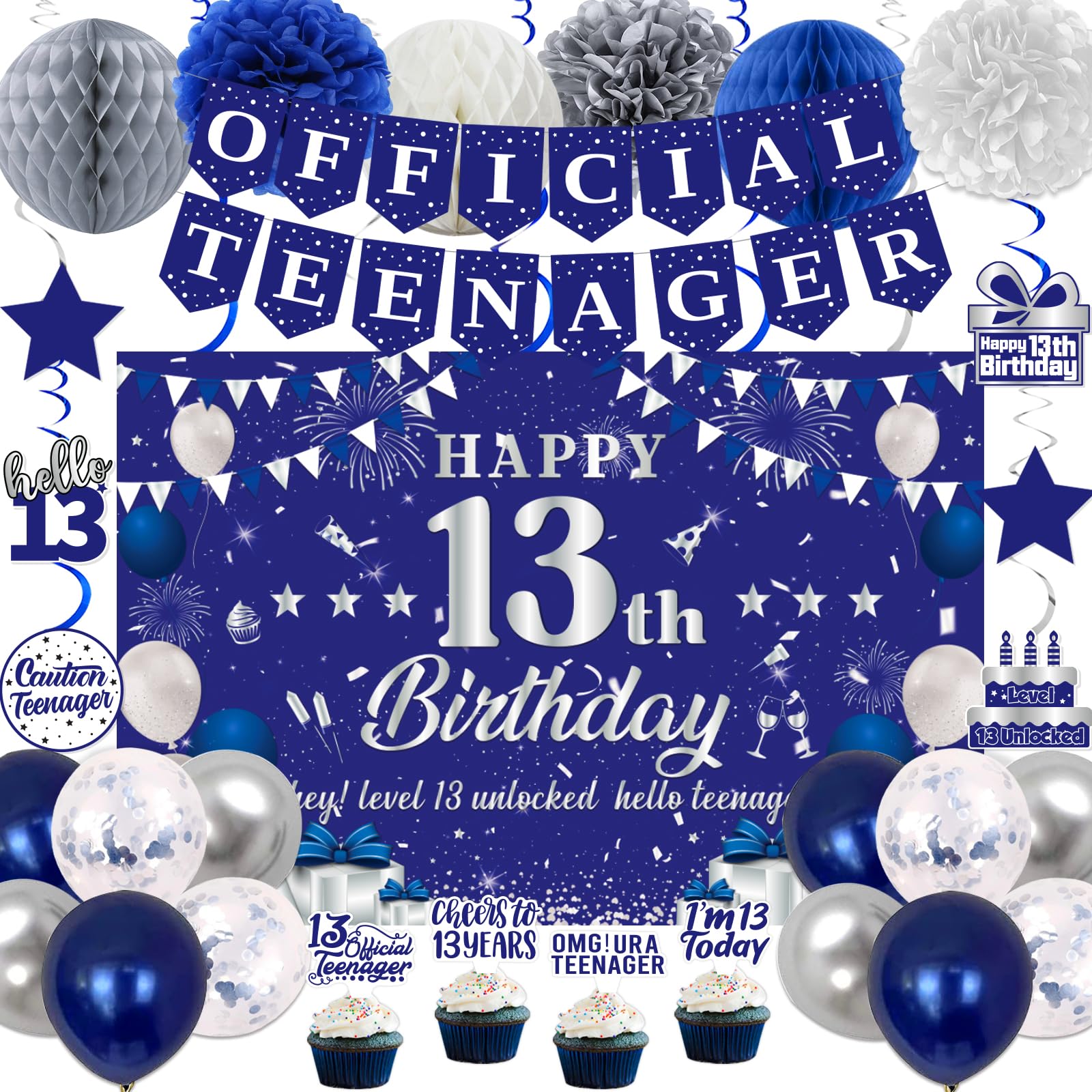 13th Birthday Decorations for Boys Girls, Blue Silver Official Teenager Party Decorations, Happy 13th Birthday Backdrop, Banner, Balloons, Pompoms, Hanging Swirls, Birthday Card, Cake Topper Set 54pcs