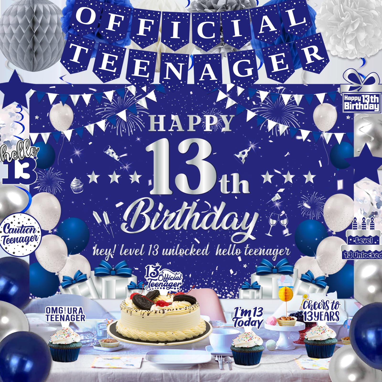 13th Birthday Decorations for Boys Girls, Blue Silver Official Teenager Party Decorations, Happy 13th Birthday Backdrop, Banner, Balloons, Pompoms, Hanging Swirls, Birthday Card, Cake Topper Set 54pcs