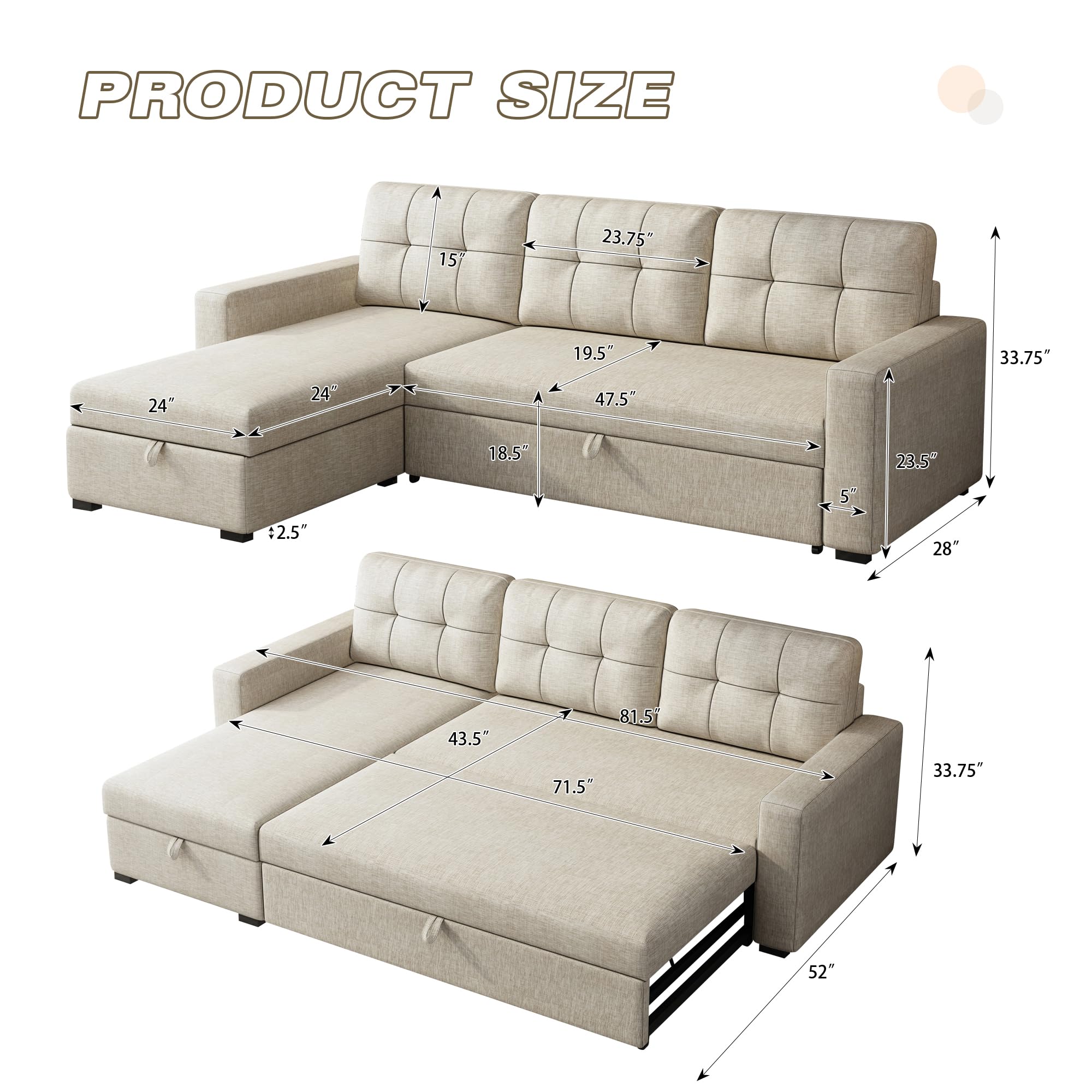 Favfurish Convertible Sectional Sofa L-Shape Sleeper Couch with Storage Chaise 3 Back Cushions and Pull-Out Bed for Living Room, Apartment,Small Spaces,Office,81.5",(Beige)