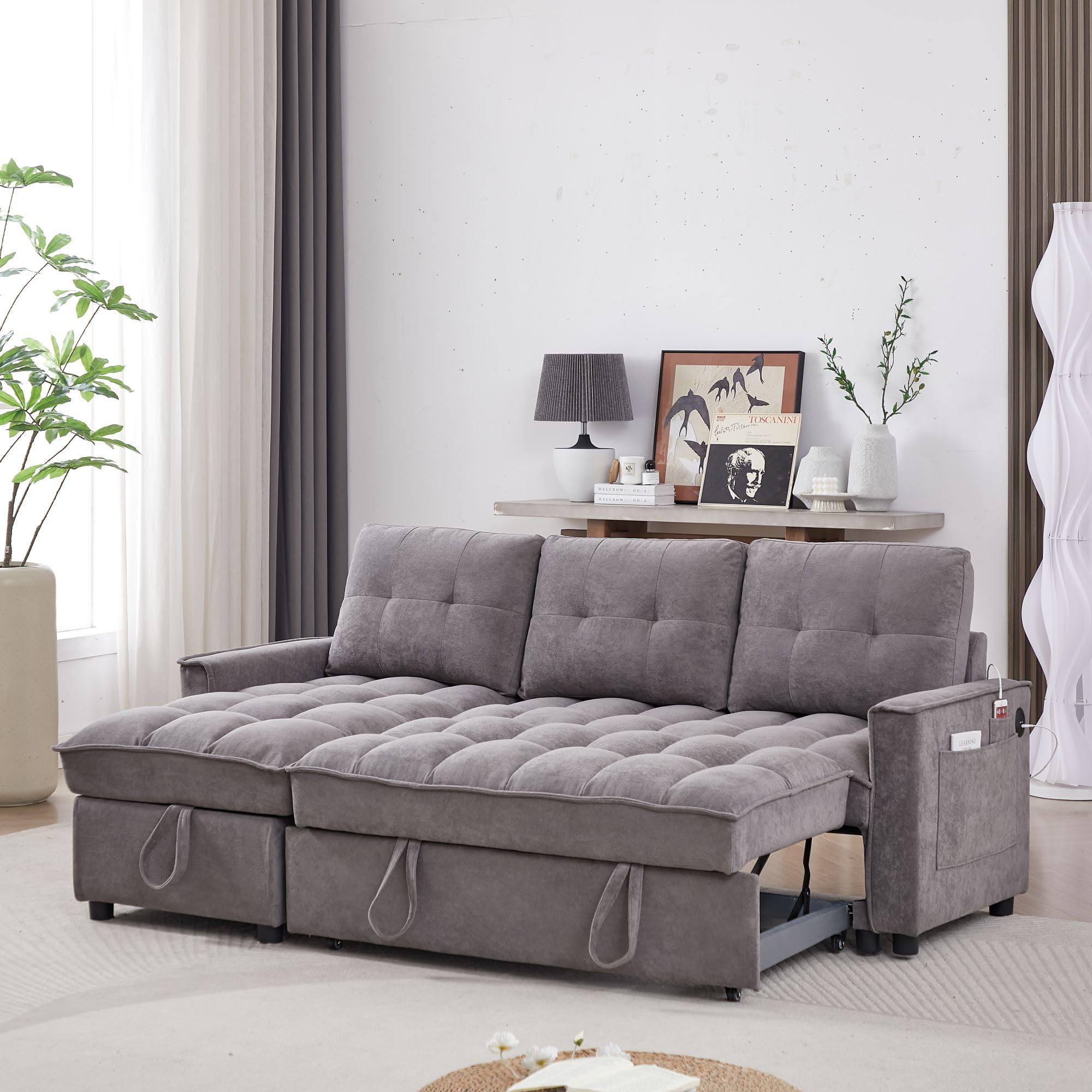 Reversible Sectional Sleeper Sofa - Pull Out Sofa Bed Couch with USB and Tape-c Charging Ports L-Shape Sleeper Sectional Sofa Couch for Living Room, Office and Small Apartment (Grey)