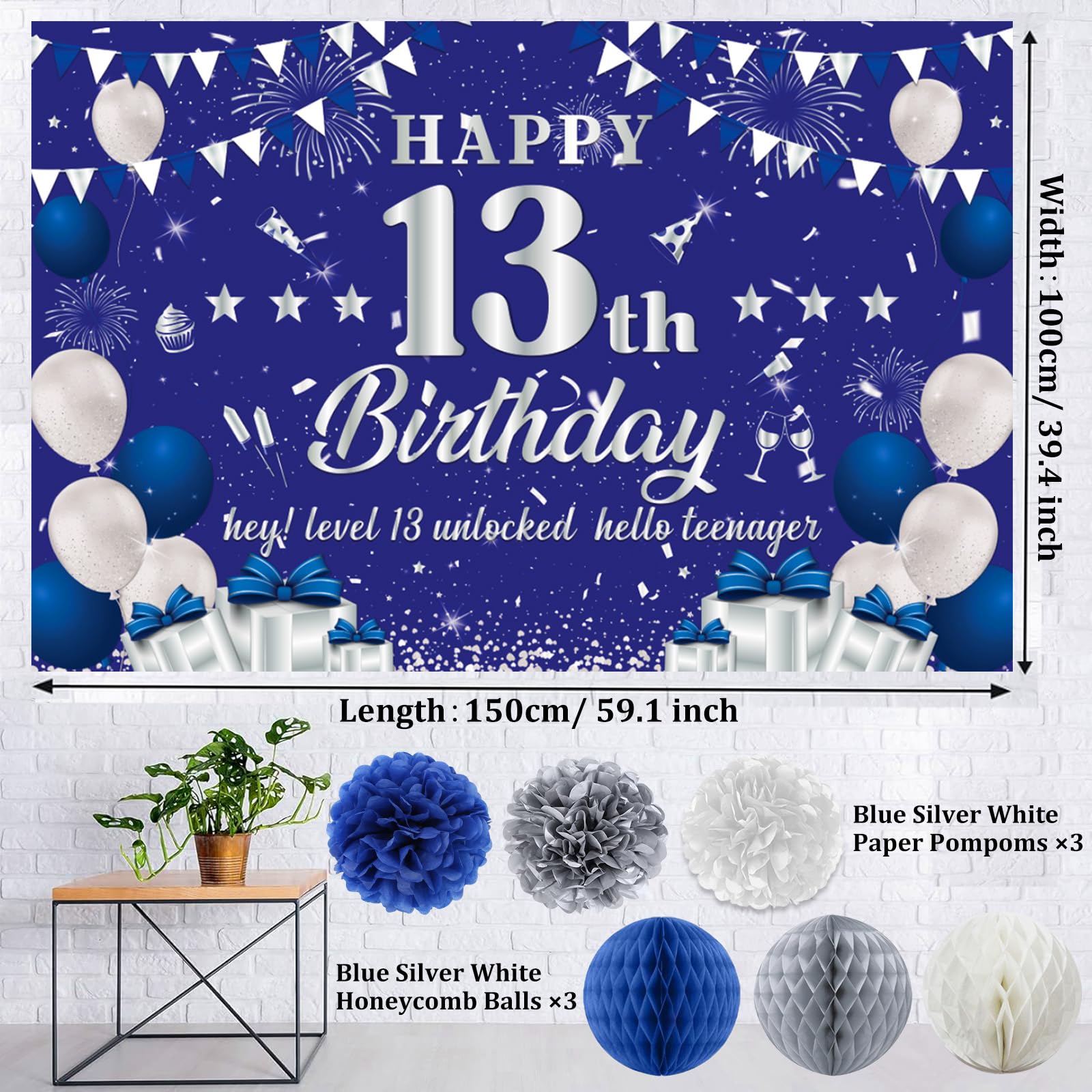 13th Birthday Decorations for Boys Girls, Blue Silver Official Teenager Party Decorations, Happy 13th Birthday Backdrop, Banner, Balloons, Pompoms, Hanging Swirls, Birthday Card, Cake Topper Set 54pcs