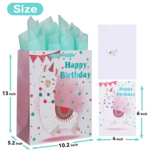 13" Large Green Gift Bag Set with Greeting Card and Tissue Paper(Llama and Happy Birthday) for for Girls’, Boys' or Kids' Birthday Party, Women's or Men's Birthday Parties, Baby Shower - 10.2”x5.2”x13”, 1 Pcs.