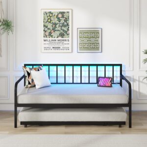 Giantex Twin Daybed with Trundle, Metal Day Bed with Charging Station & LED Lights, Sofa Bed Frame with Pop up Trundle, Metal Slats Support, Trundle Bed Twin for Living Room, Guest Room, Black