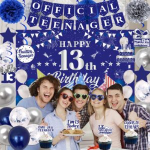 13th Birthday Decorations for Boys Girls, Blue Silver Official Teenager Party Decorations, Happy 13th Birthday Backdrop, Banner, Balloons, Pompoms, Hanging Swirls, Birthday Card, Cake Topper Set 54pcs