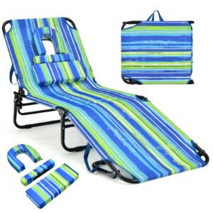 giantex tanning chair, 350lbs adjustable patio lounge chair w/face hole, removable pillows, carry strap, layout chair, folding beach chair, outdoor chaise lounge for poolside lawn (1, stripe)