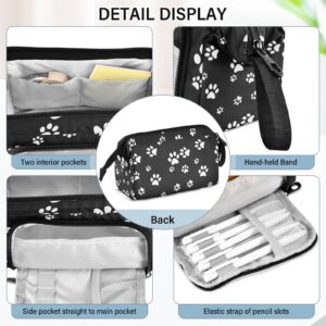 Yasala Pencil Case White Dog Cat Paw Print Black Pen Pouch Holder Art Kits Storage Bag Cosmetic Organizer Carrying Case for Office Supplies Travel Bag for Makeup Large Stationary Bag with Handle