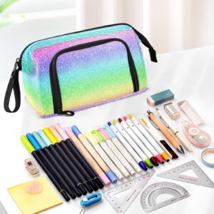 Yasala Pencil Case Gradient Glitter Rainbow Sparkle Pen Pouch Holder Art Kits Storage Bag Cosmetic Organizer Carrying Case for Office Supplies Travel Bag for Makeup Large Stationary Bag with Handle