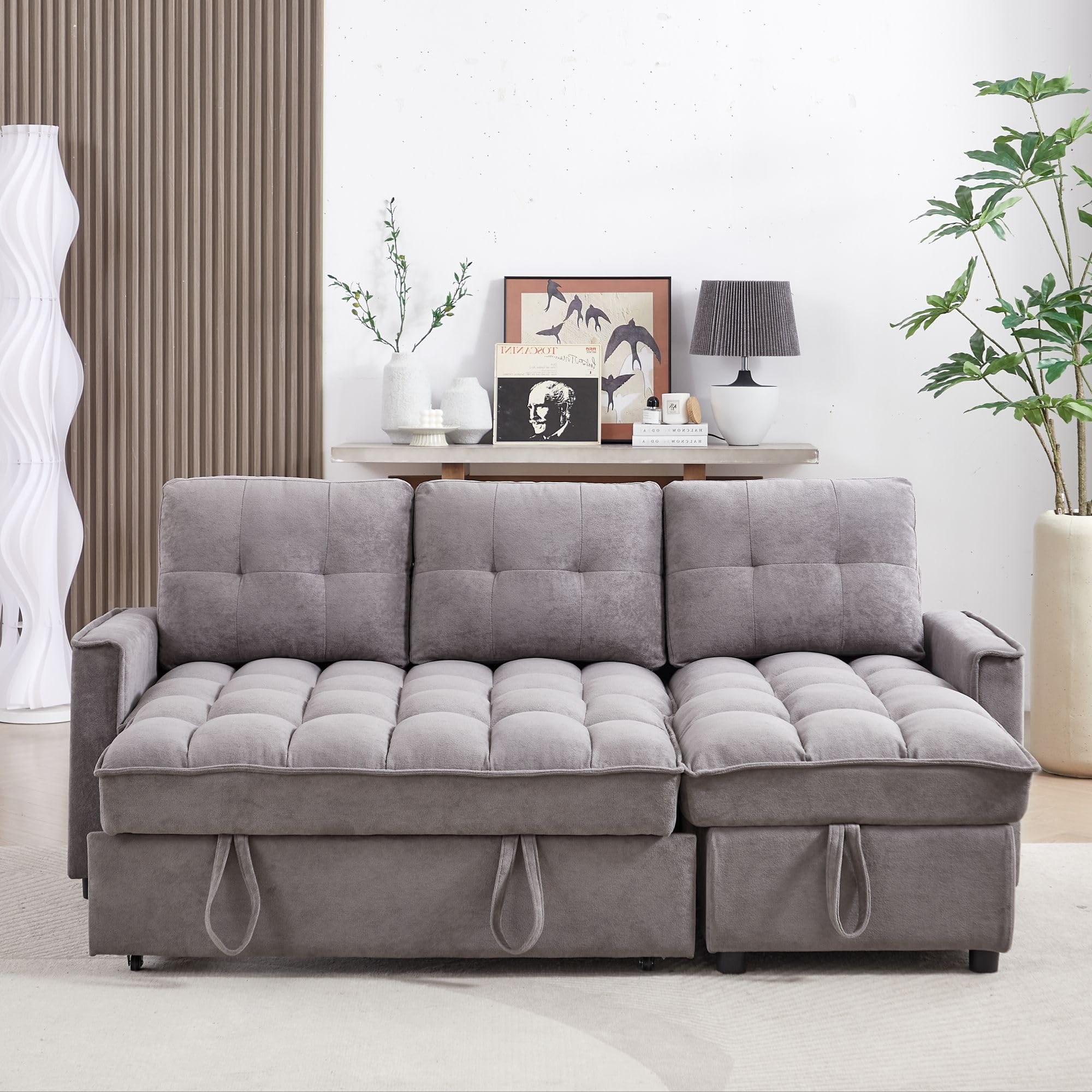 Reversible Sectional Sleeper Sofa - Pull Out Sofa Bed Couch with USB and Tape-c Charging Ports L-Shape Sleeper Sectional Sofa Couch for Living Room, Office and Small Apartment (Grey)