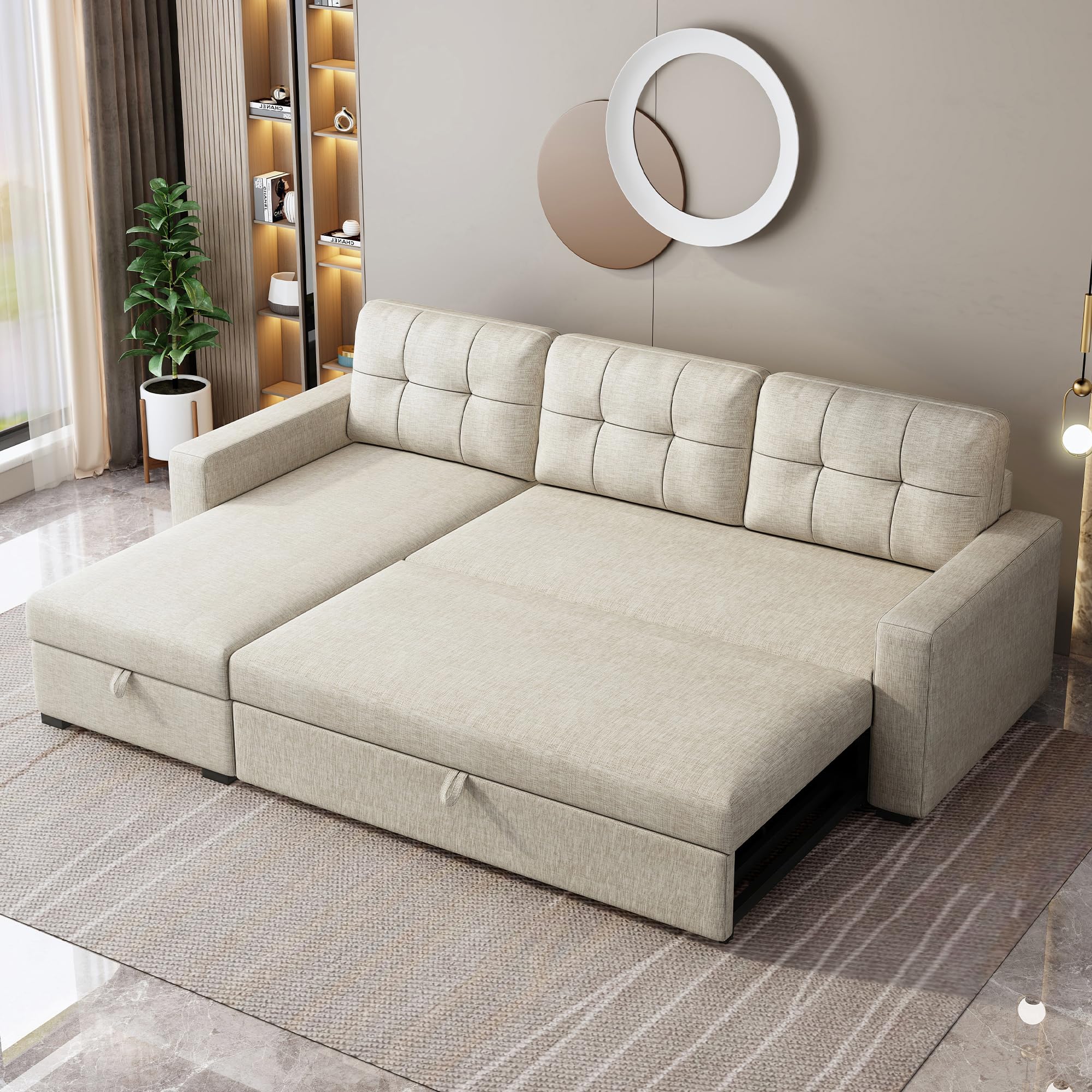 Favfurish Convertible Sectional Sofa L-Shape Sleeper Couch with Storage Chaise 3 Back Cushions and Pull-Out Bed for Living Room, Apartment,Small Spaces,Office,81.5",(Beige)