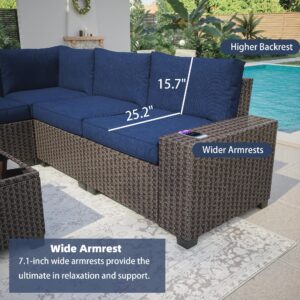 IDEALHOUSE 6 Pieces Outdoor Patio Sectional Sofa Couch, Brown PE Wicker Furniture Conversation Sets with Navy Blue Cushions & Glass Coffee Table for Garden, Poolside, Backyard (Square)