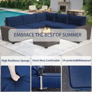 IDEALHOUSE 6 Pieces Outdoor Patio Sectional Sofa Couch, Brown PE Wicker Furniture Conversation Sets with Navy Blue Cushions & Glass Coffee Table for Garden, Poolside, Backyard (Square)