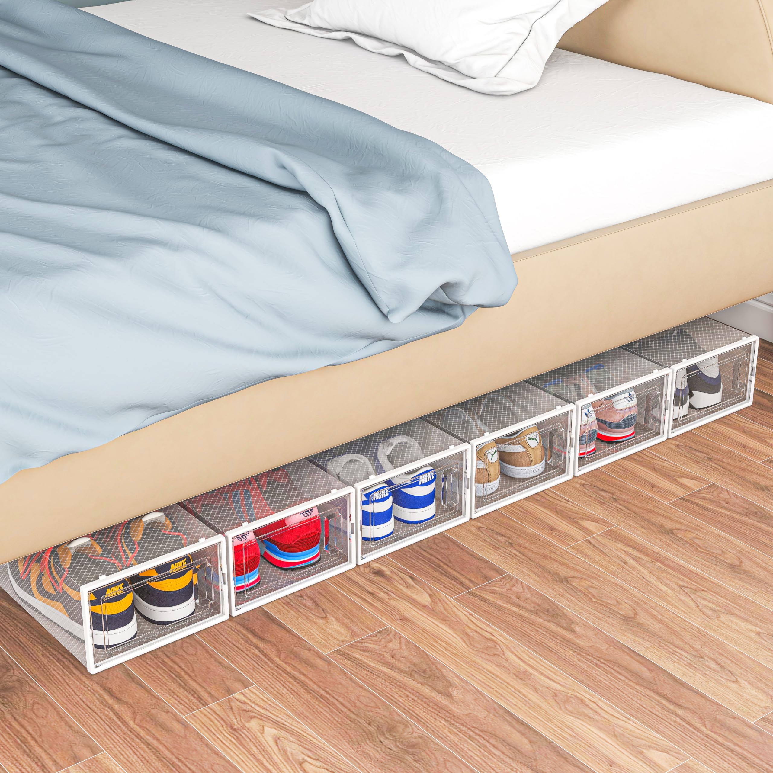 12 Pack Shoe Organizer Storage Bins, Clear Plastic Stackable Shoe Boxes for Closet, Space Saving Foldable Shoe Storage Bins, Sneaker Storage Shoe Box Container, White Frame