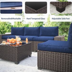 IDEALHOUSE 6 Pieces Outdoor Sectional Furniture, Brown PE Rattan Patio Furniture Sectional with 4 Inch Navy Cushions & Tempered Glass Table for Garden, Poolside, Backyard