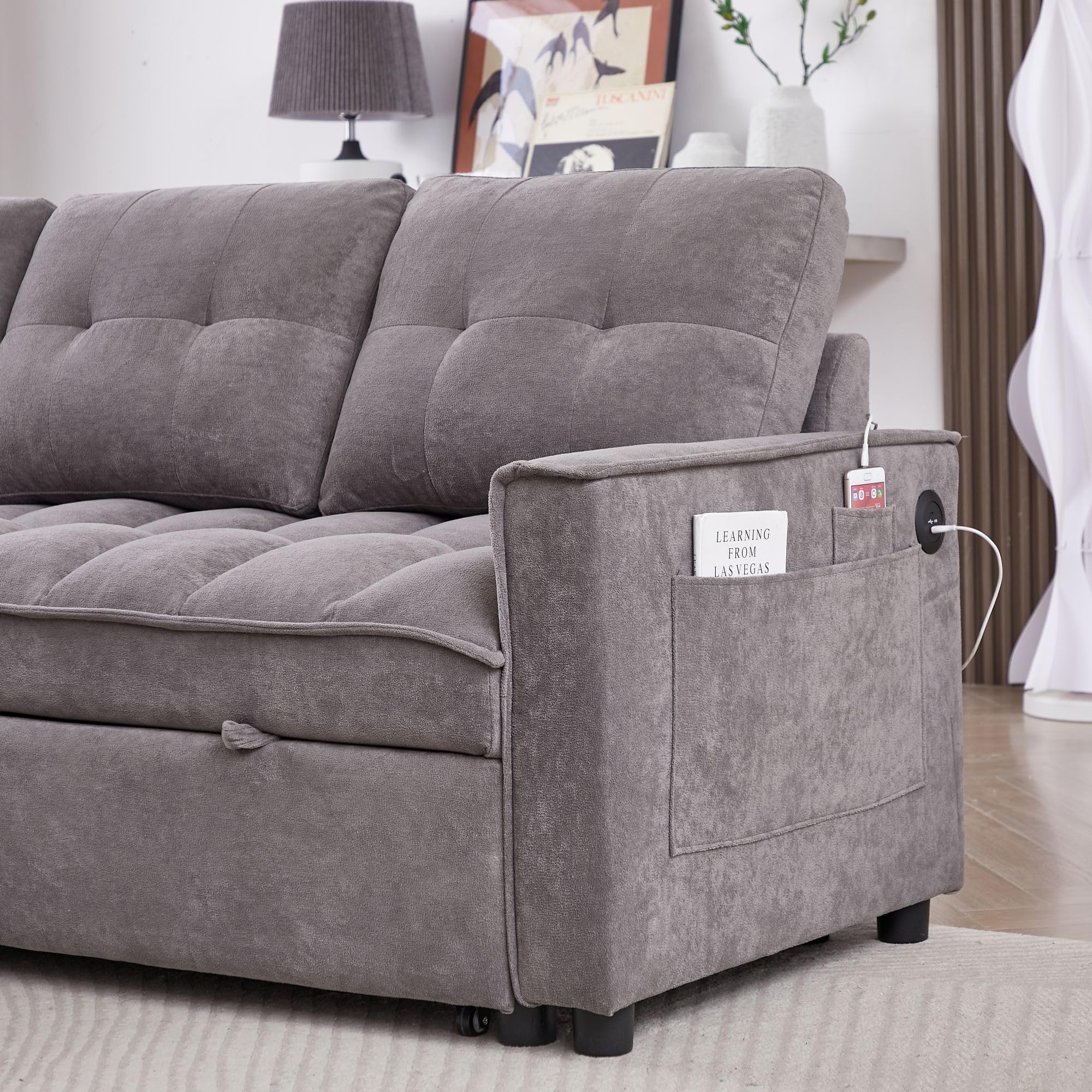 Reversible Sectional Sleeper Sofa - Pull Out Sofa Bed Couch with USB and Tape-c Charging Ports L-Shape Sleeper Sectional Sofa Couch for Living Room, Office and Small Apartment (Grey)