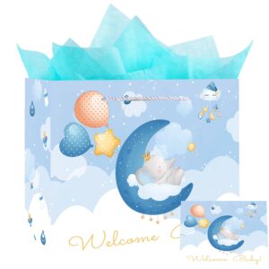 gfinyhm 13" baby boy gift bag for baby shower or birthday with handle, tissue paper and greeting card (elephant)