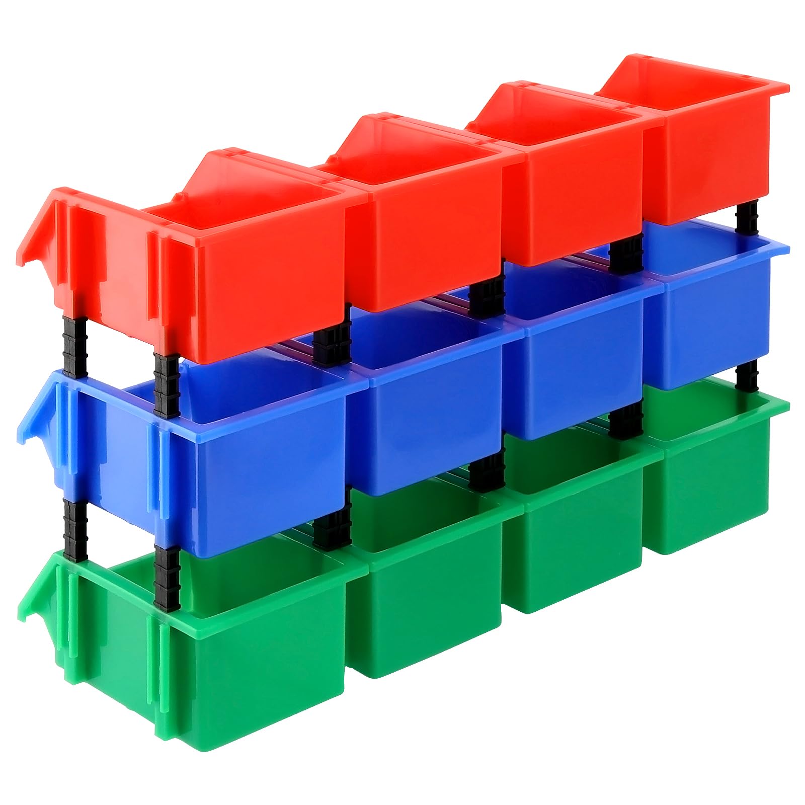 HOIGON 12 Pack Garage Storage Tool Bin, 7.09 x 4.72 x 3.15 Inch Plastic Hanging Stacking Stackable Organizer Storage Rack for Hardware Tools Organization, Workshop, Small Parts, Green Blue Red