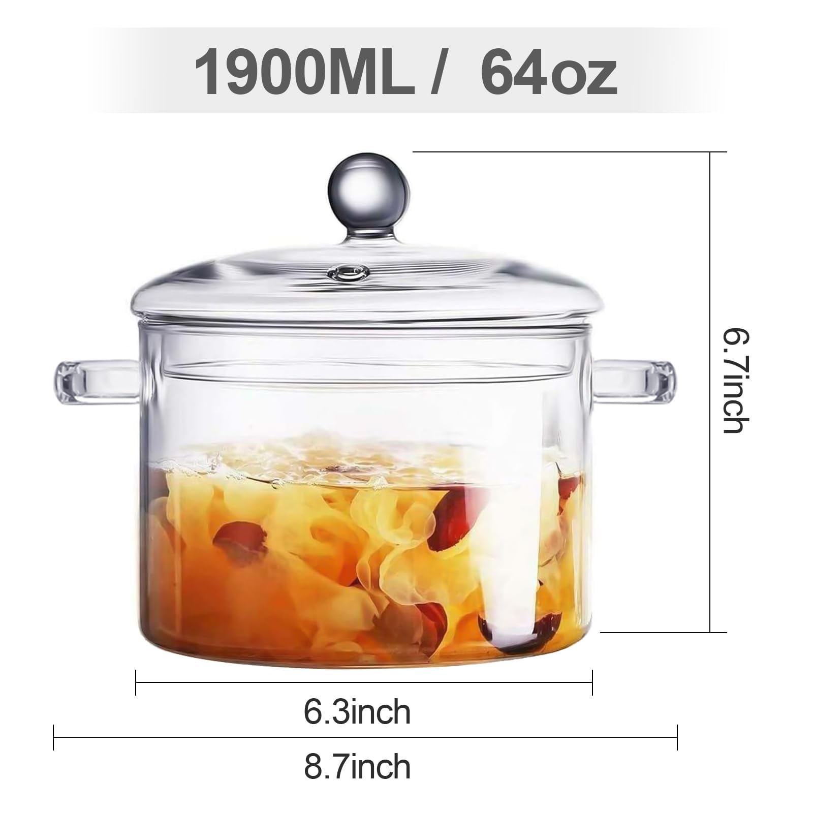 Clear Glass Simmer Pot with Lid - 1.9L/64 FL OZ Heat-Resistant Borosilicate Glass Pot for Cooking on Stove Glass Saucepan for Cooking Potpourri Cookware for Pasta, Soup, Tea, Milk Dishwasher Safe