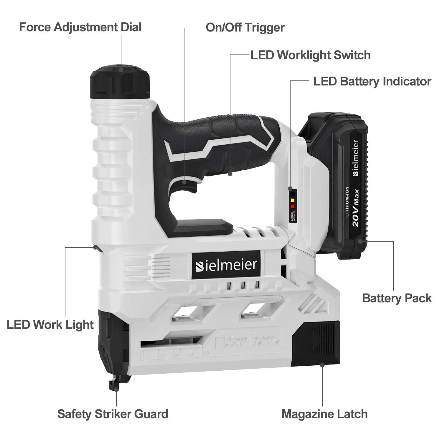 BIELMEIER 20V Nail Gun Battery Powered 18 Gauge, 2-in-1 Cordless Brad Nailer Stapler for Carpentry and Upholstery, 2.0Ah Electric Staple Gun Include Battery, Charger, 1600Pcs Staples and Nails