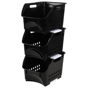 ziglous 3 packs plastic stacking storage baskets, plastic stackable organizer bins, black