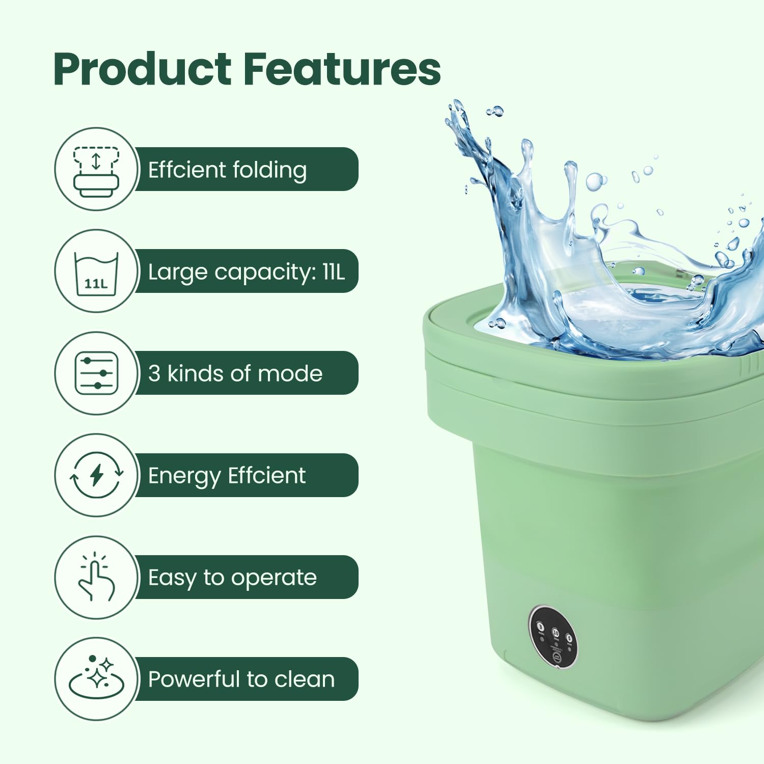 Portable Washing Machine, FETIONS 11L Foldable Washer with 3 Modes, Deep Cleaning of Underwear, Baby Clothes and Other Small Clothes, Suitable for Apartments,Dormitories,Hotels,Camping,Travel, Green